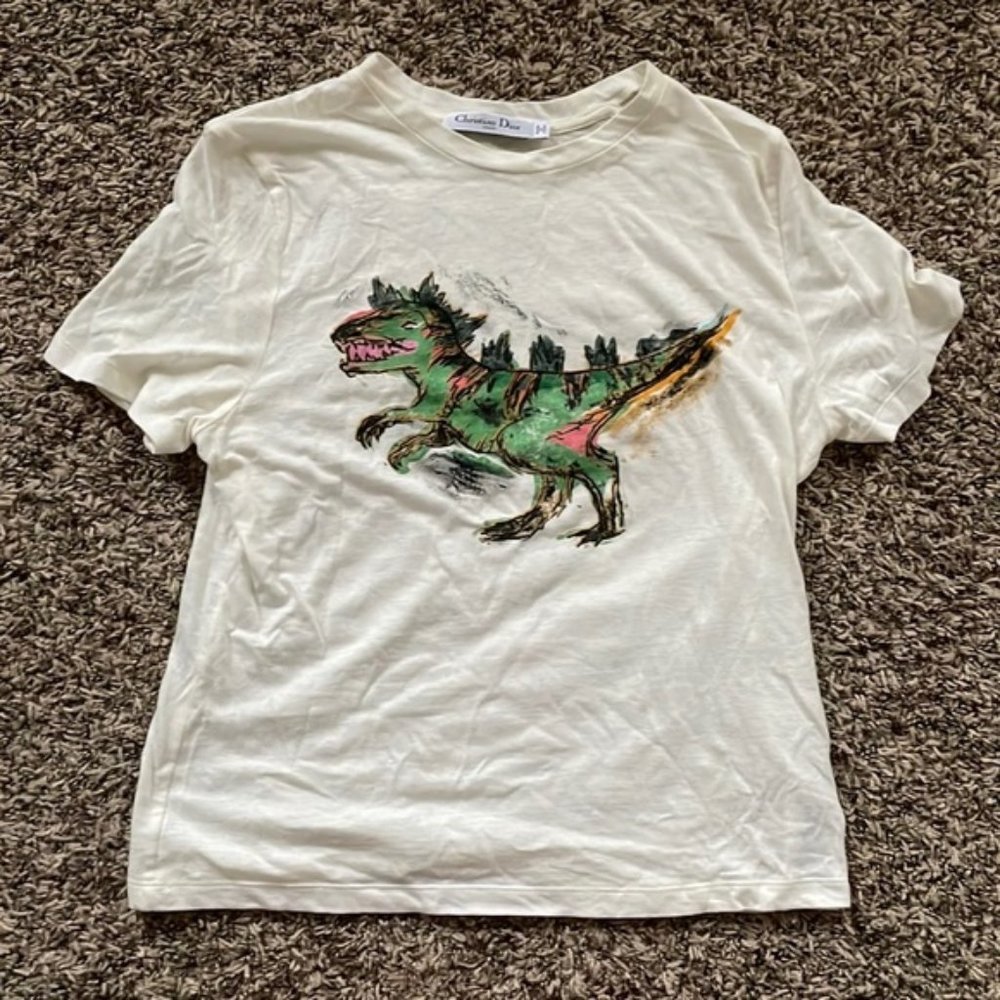 Christian Dior T Rex Dinosaur Cotton Linen Blend T Sh… - Gem